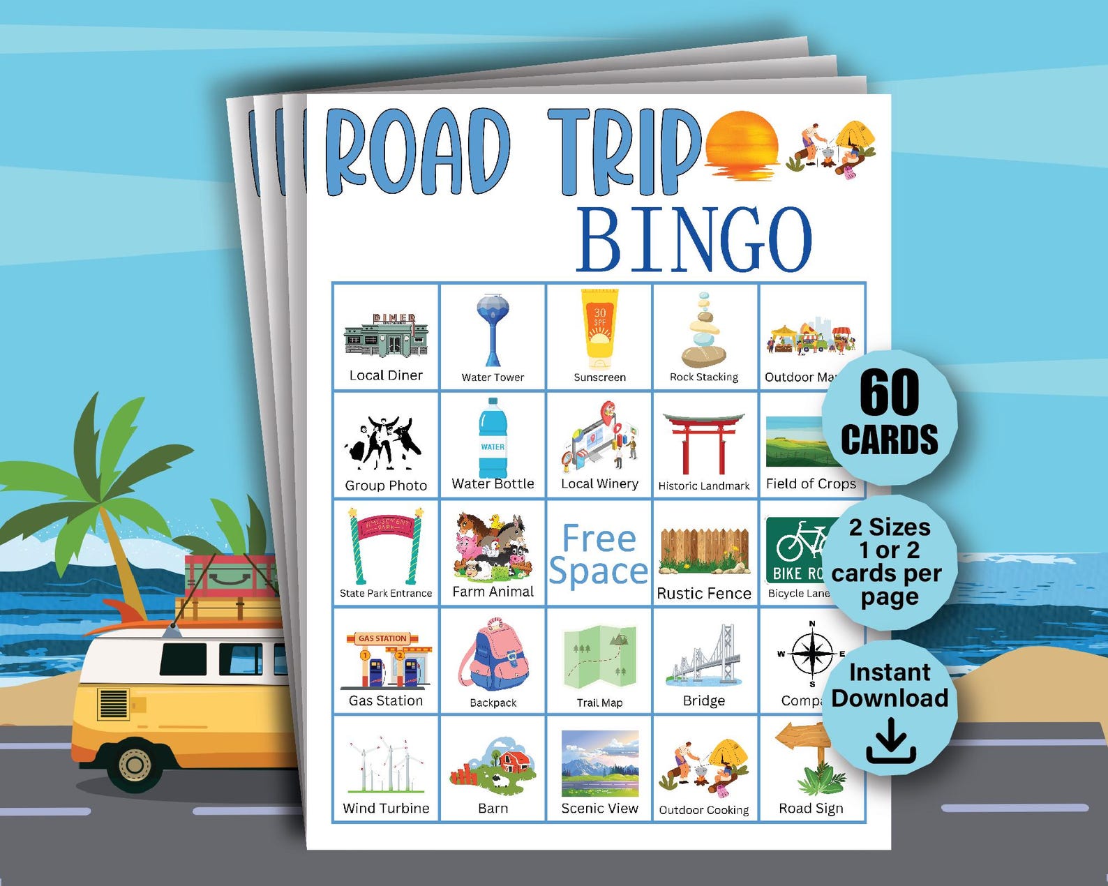 60 Road Trip Bingo Cards, Fun Travel Game for Kids, Family Car Ride ...