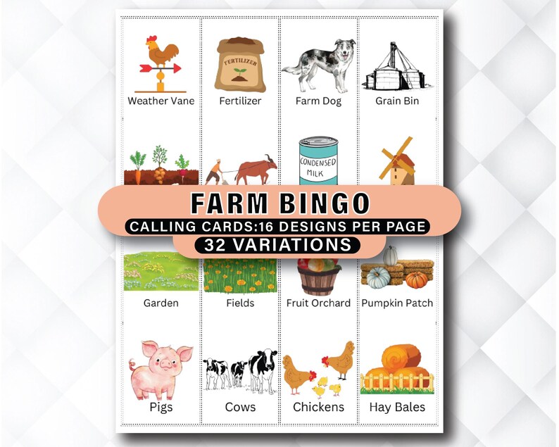 60 Farm Bingo Cards, Farm Bingo Game, Farm Party Game, Barnyard ...