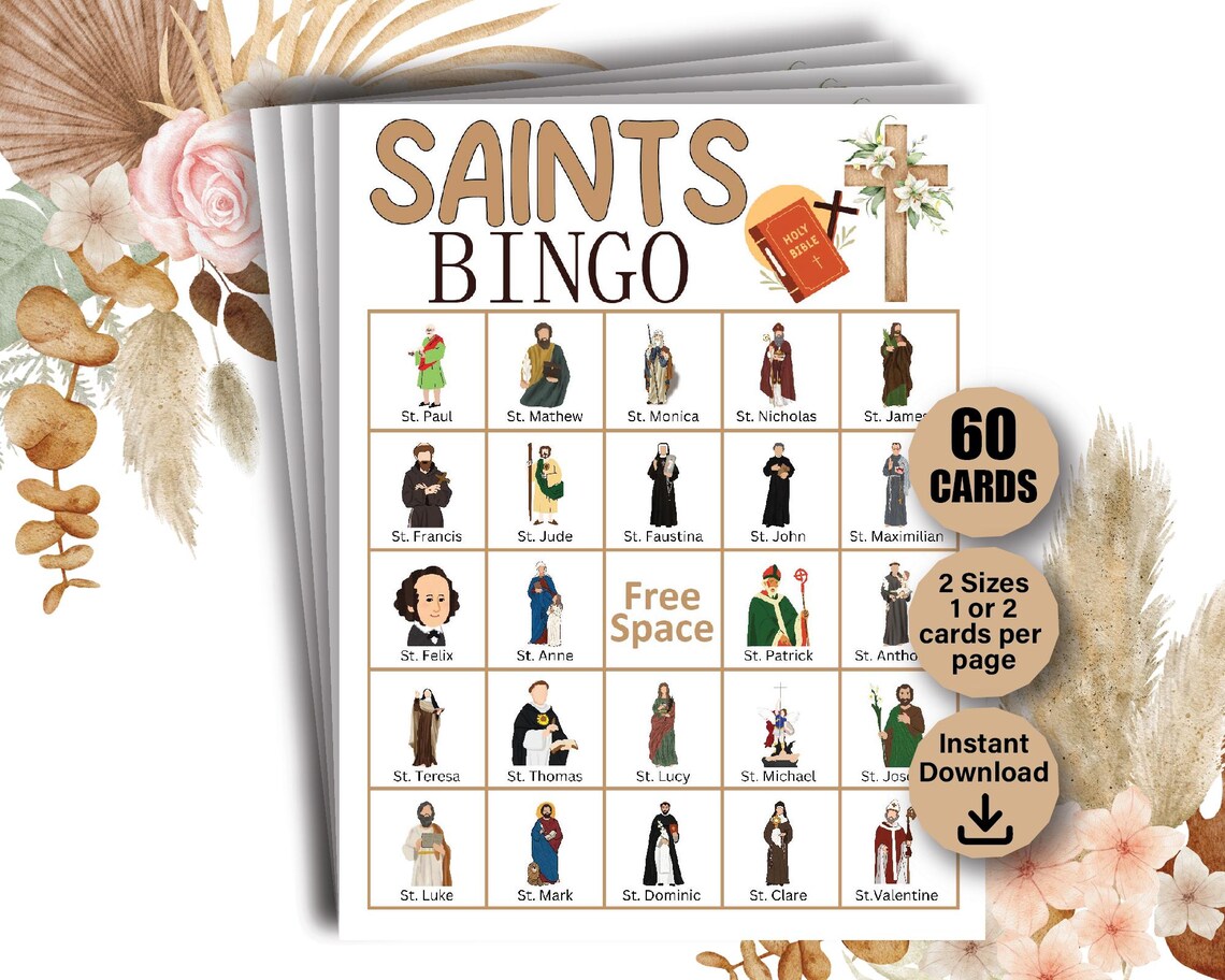 60 Catholic Saints Bingo Cards, All Saints' Day Party Game, Christian ...