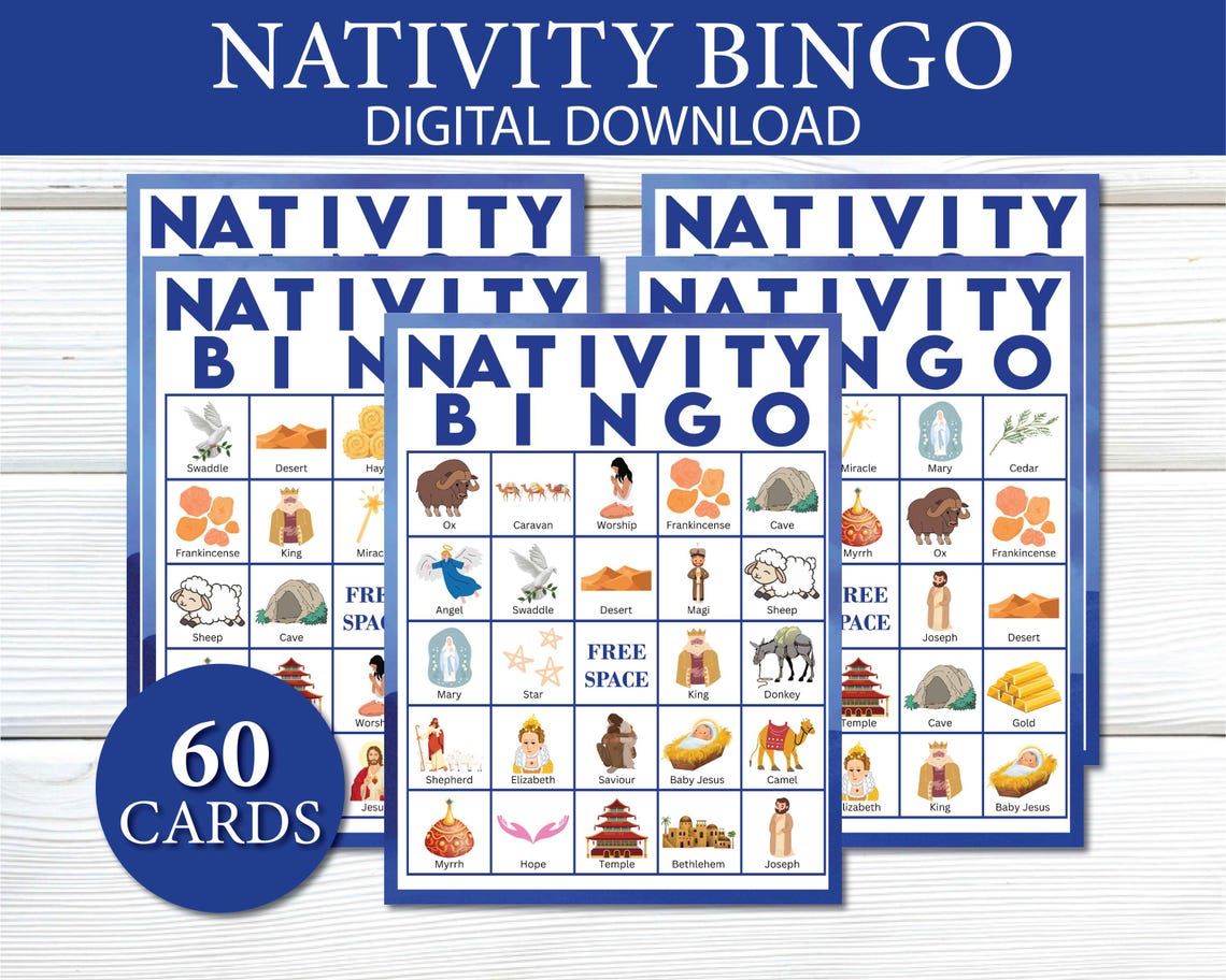 60 Nativity Bingo Cards, Christmas Nativity Bingo, Printable Nativity ...