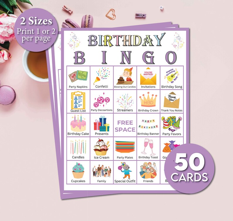 Birthday Bingo Cards Printable Game, 50 Happy Birthday Bingo Board Game ...
