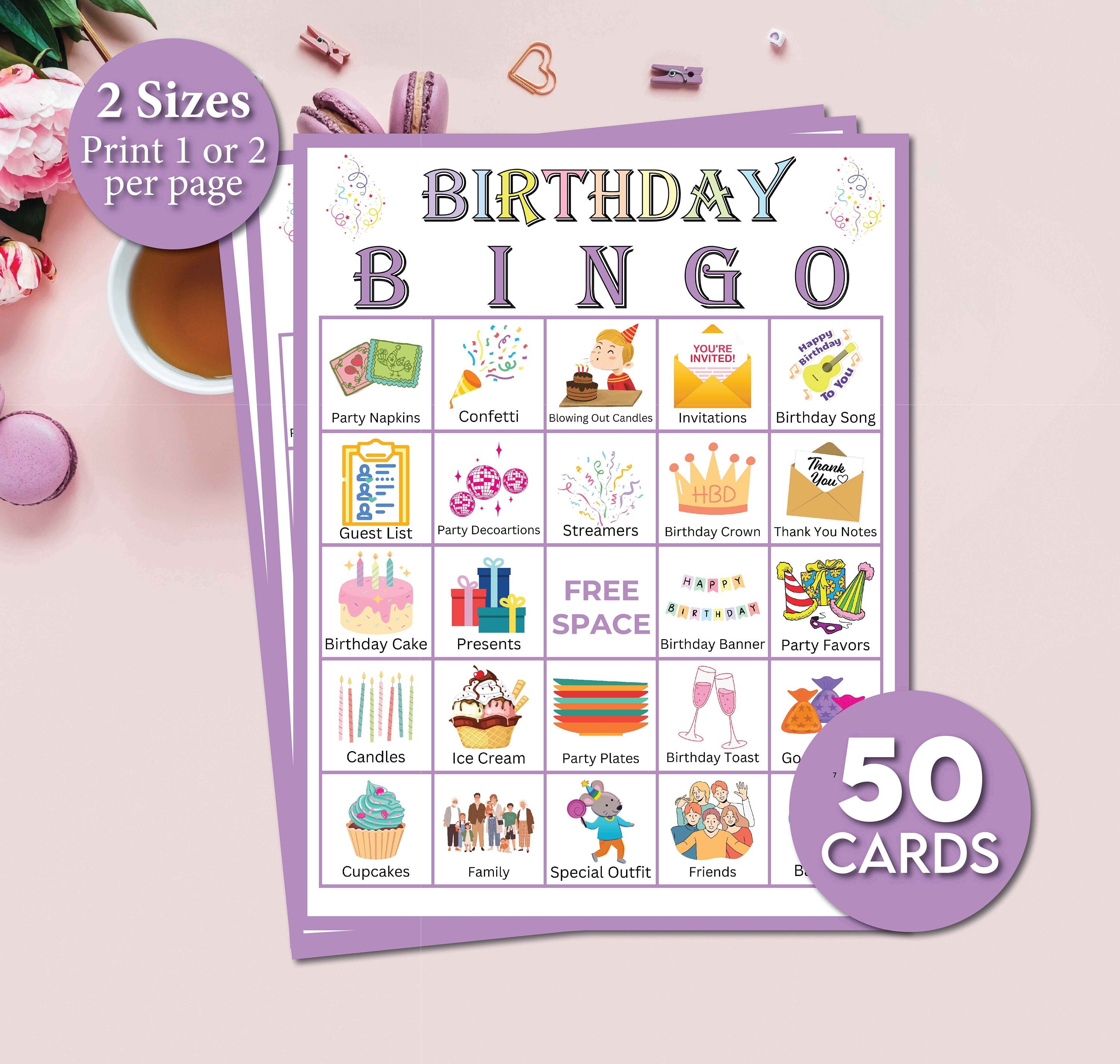 Birthday Bingo Cards Printable Game, 50 Happy Birthday Bingo Board Game ...