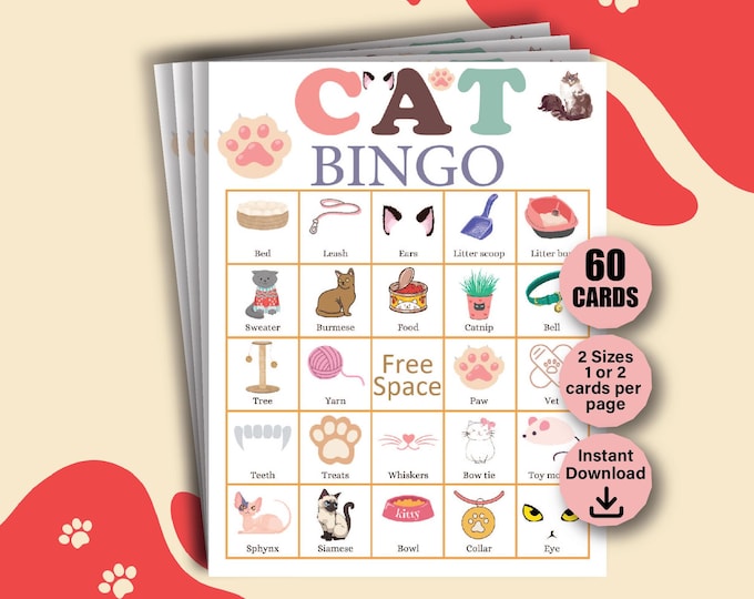 Cat Bingo, 30 Printable Cat Bingo Cards, Cat Birthday Party Game, Cat ...