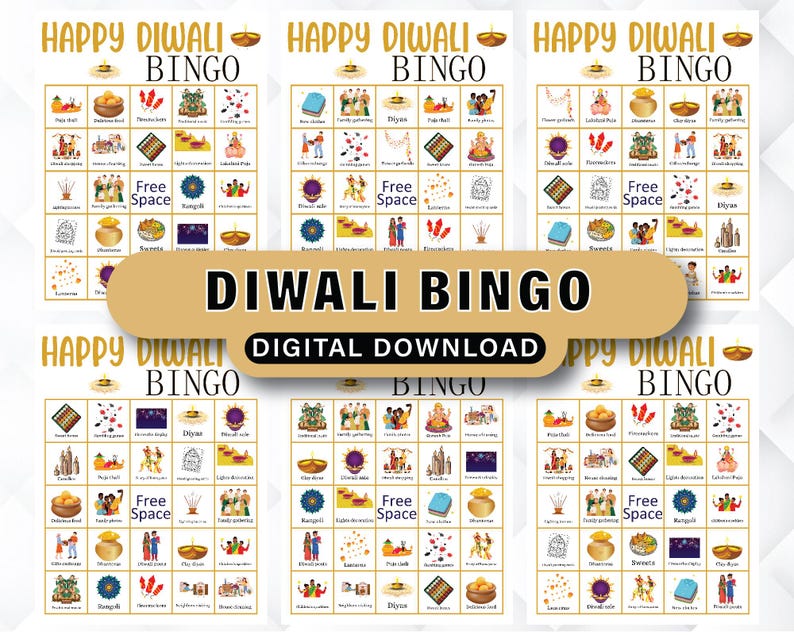 60 Diwali Bingo Cards, Diwali Party Games, Desi Indian Party Activity ...