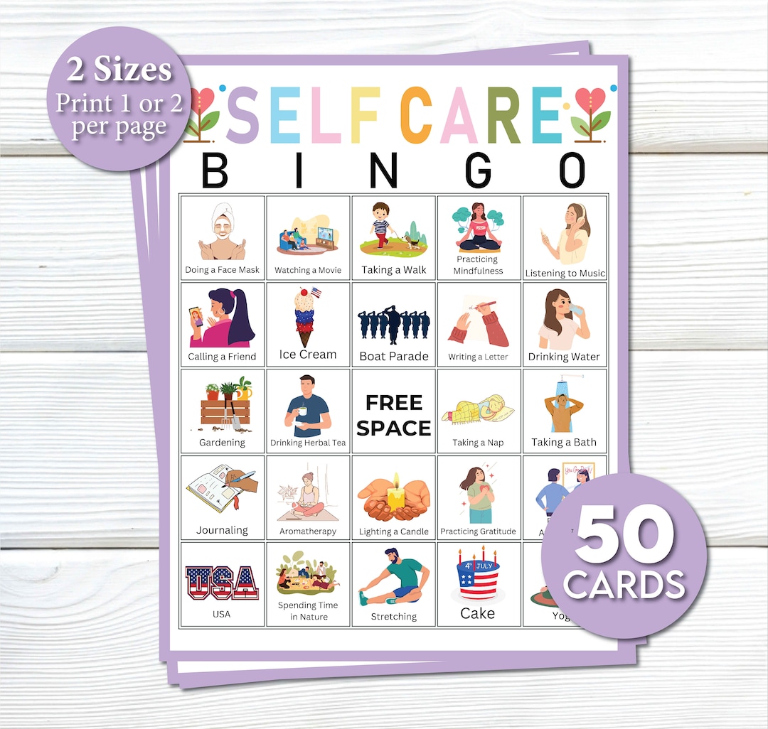 Self Care Bingo Game Printable, 50 Mental Health Self-care Bingo Cards ...