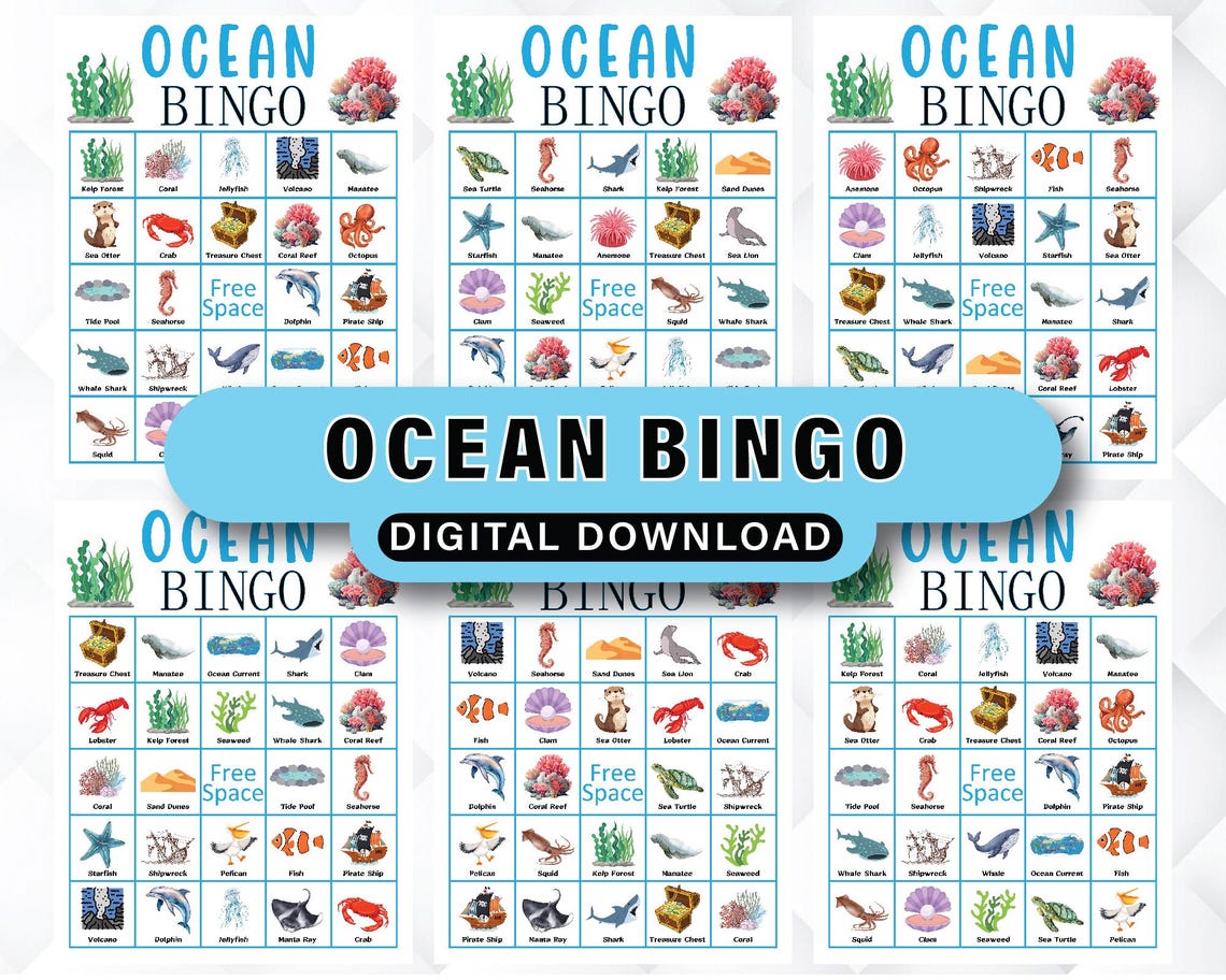 60 Ocean Bingo Cards, Ocean Bingo Activity, Under the Sea Bingo Cards ...