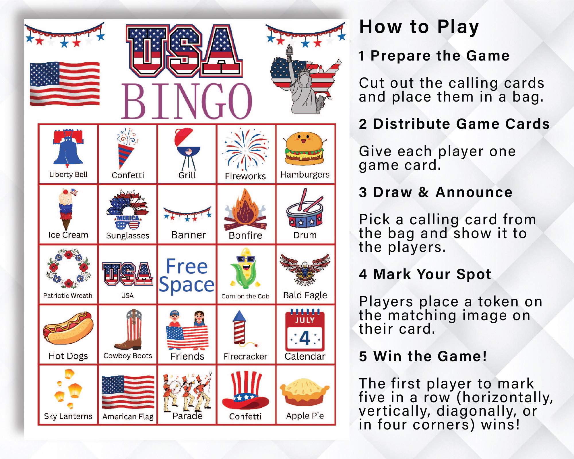 4th of July Bingo, 60 Fourth of July Bingo Cards, American Independence ...
