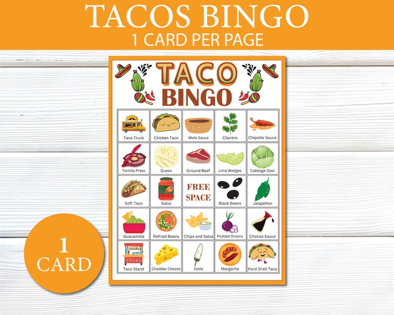 50 Printable Taco Bingo Cards, Taco Activity for Kids, Kids Taco Party ...
