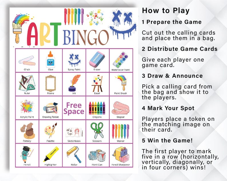 Art Bingo Game, 60 Unique Art Bingo Cards, Art Party Game for Kids, Art ...