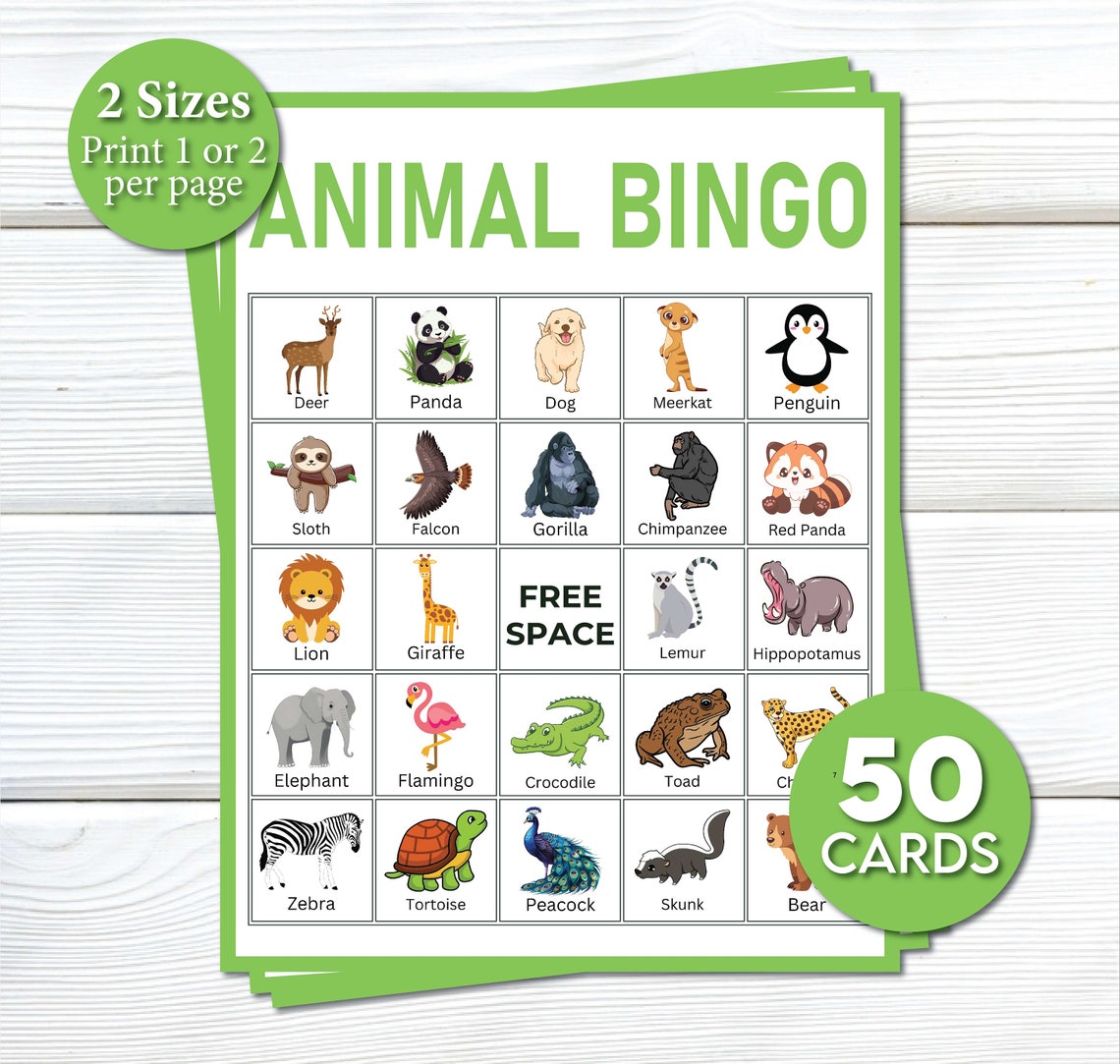 Animal Bingo, 50 Printable Animal Bingo Cards, Animal Birthday Bingo ...