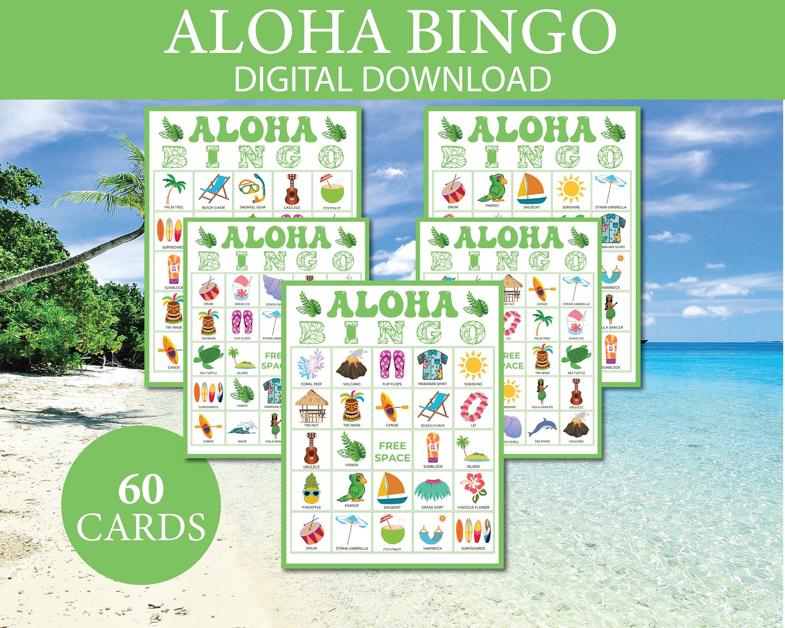 Aloha Bingo, Luau Bingo, Hawaiian Bingo, Luau Birthday Party, 30 ...