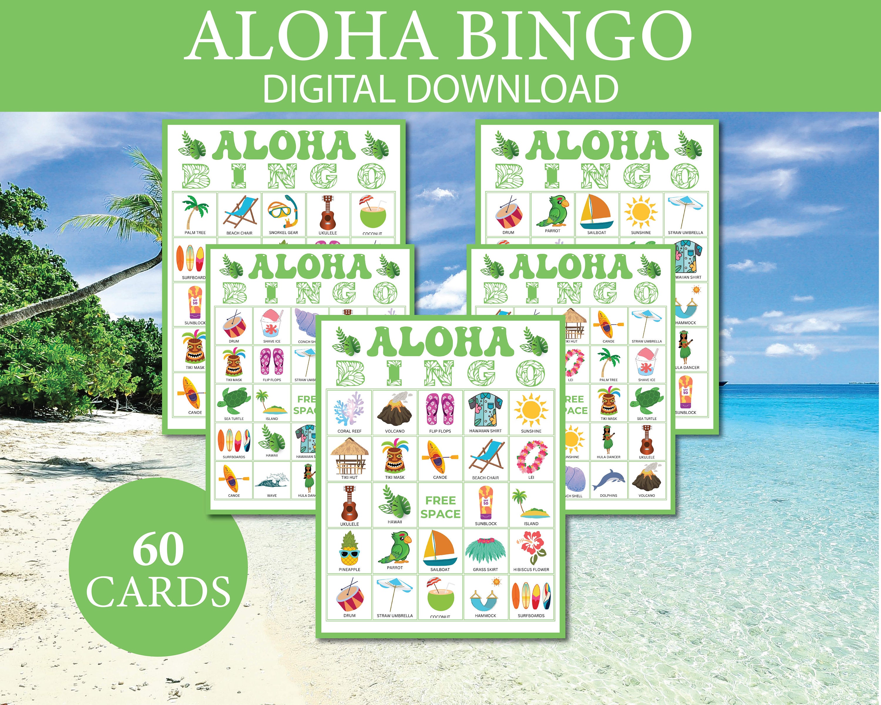 Aloha Bingo, Luau Bingo, Hawaiian Bingo, Luau Birthday Party, 30 ...
