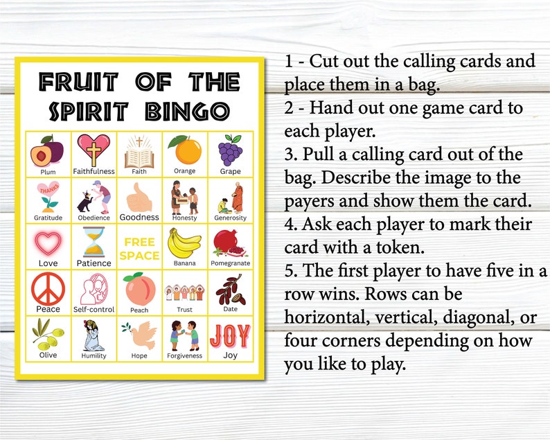 Fruit of the Spirit Bingo, Bible Bingo, Bible Activity for Kids, 1 or 2 ...
