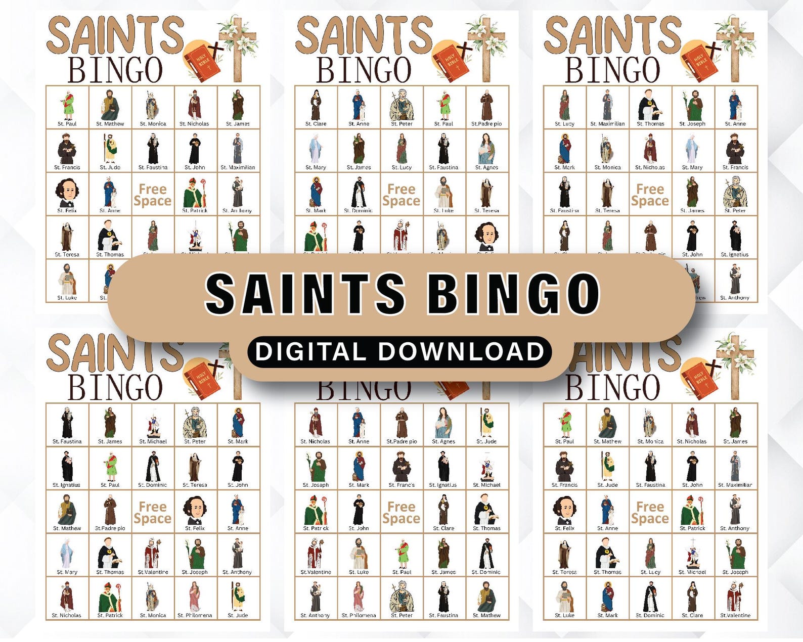 60 Catholic Saints Bingo Cards, All Saints' Day Party Game, Christian ...