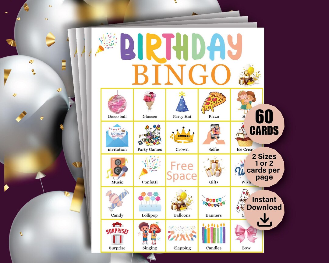 60 Birthday Bingo Cards, Birthday Bingo Game, Birthday Party Activities ...