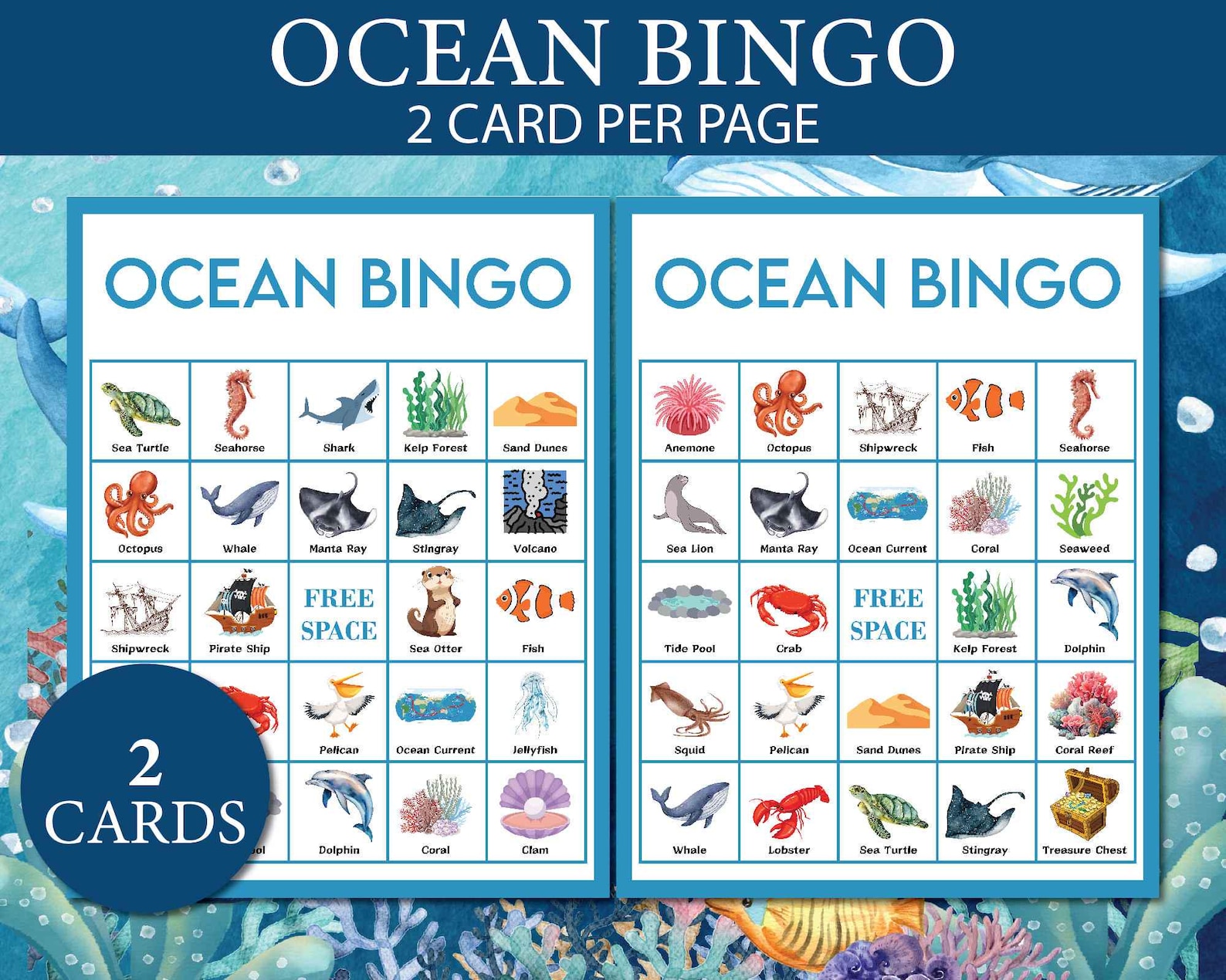 60 Printable Ocean Bingo Cards, Ocean Activity, Ocean Bingo, Under the ...