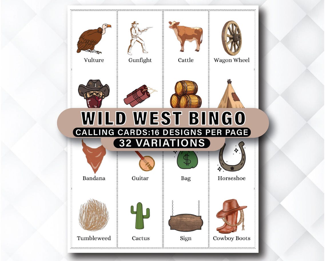 60 Wild West Bingo Cards, Bingo Games, Cowboy Bingo, Native American ...