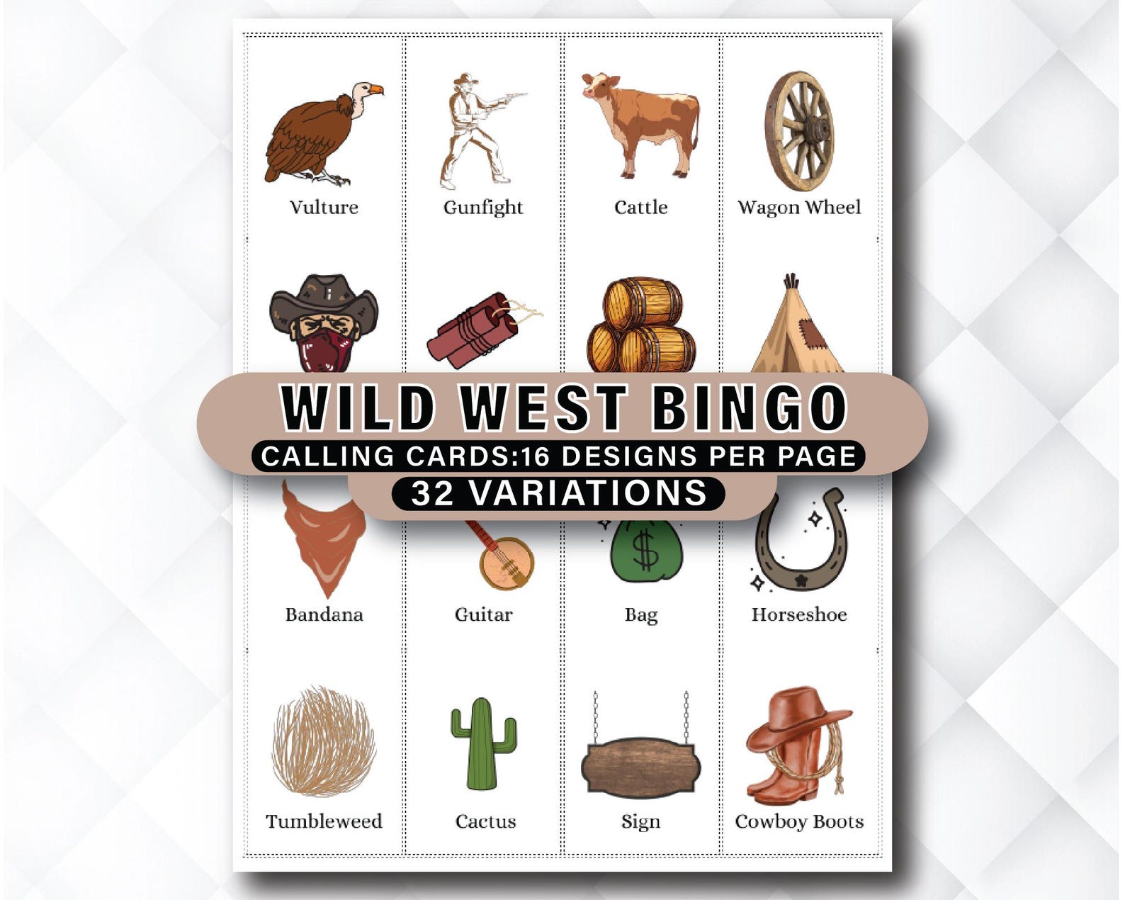 60 Wild West Bingo Cards, Bingo Games, Cowboy Bingo, Native American ...