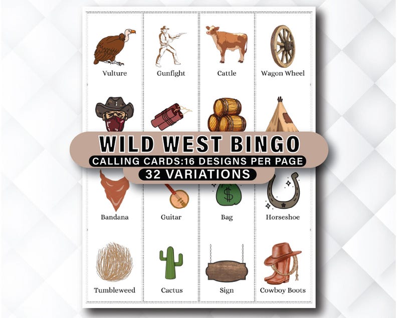 60 Wild West Bingo Cards, Bingo Games, Cowboy Bingo, Native American ...
