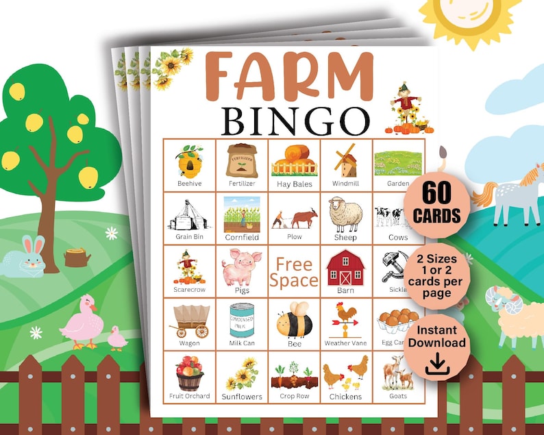 60 Farm Bingo Cards, Farm Bingo Game, Farm Party Game, Barnyard ...