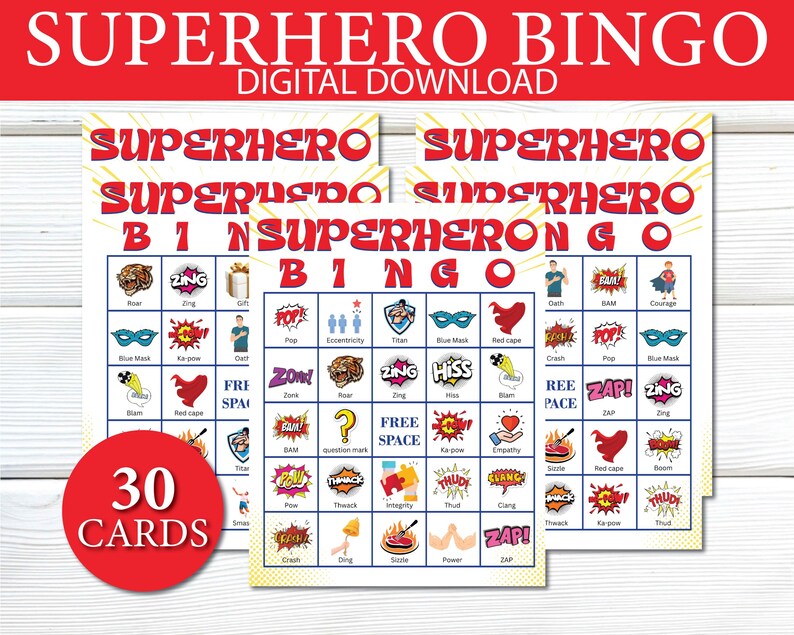 Superhero Bingo, 30 Superhero Bingo Cards, Kid's Printable Bingo Game ...