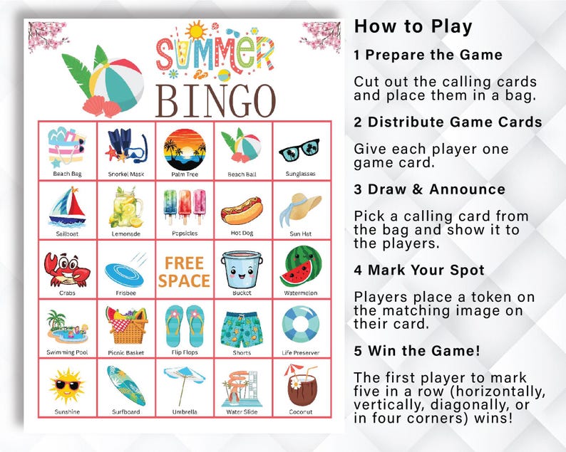 Summer Bingo, 60 Summer Bingo Cards, Summer Game, Kid's Printable Bingo ...