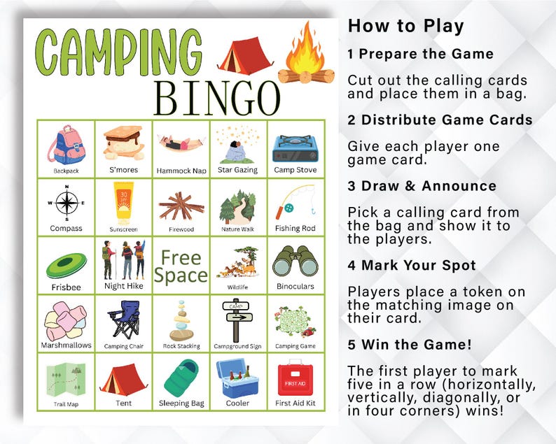 60 Camping Bingo Cards, Camping Game, Camping Party Game, Forest Nature ...