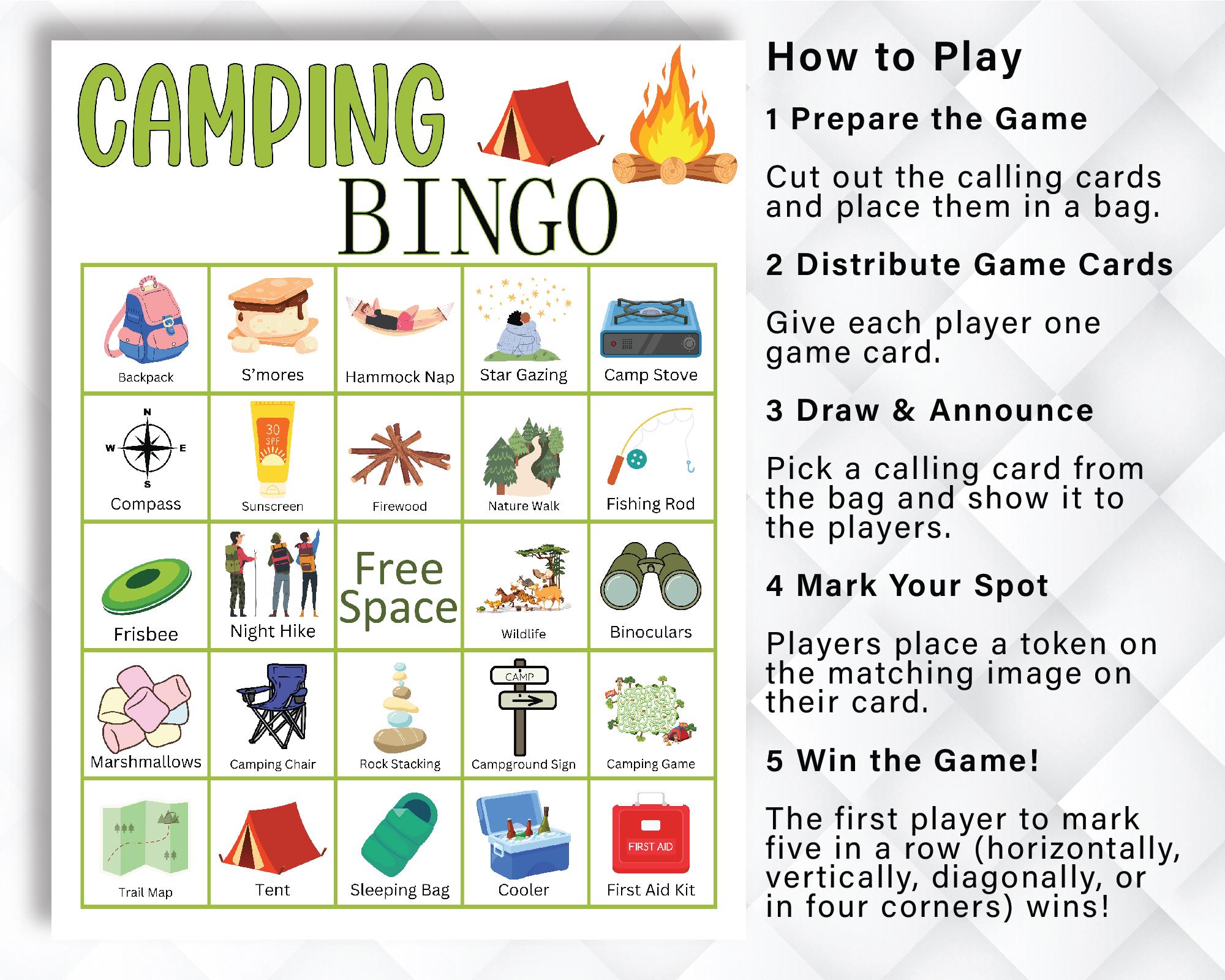 60 Camping Bingo Cards, Camping Game, Camping Party Game, Forest Nature ...