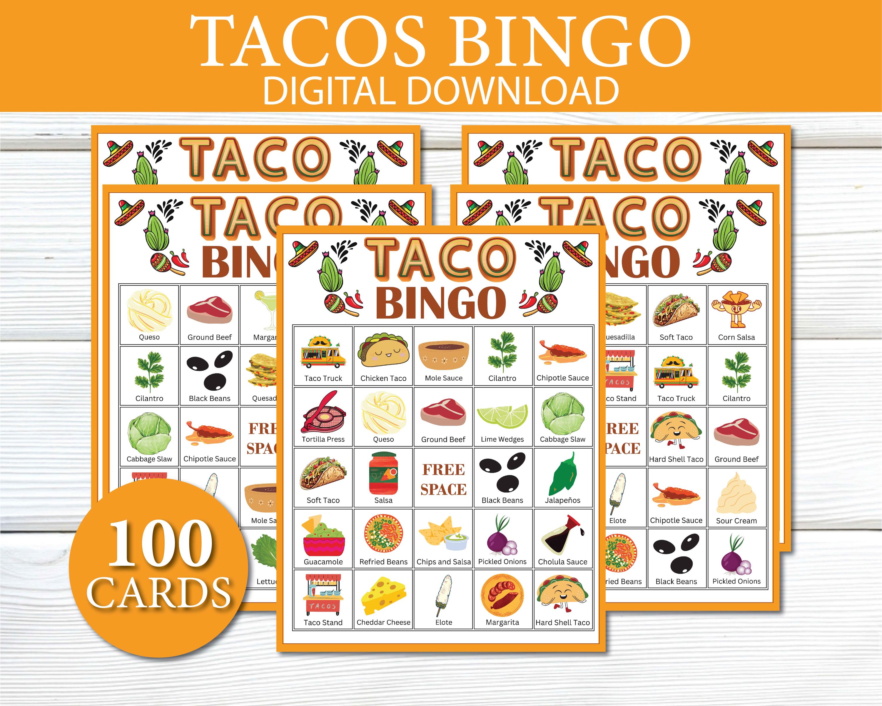 100 Printable Taco Bingo Cards, Taco Activity for Kids, Kids Taco Party ...