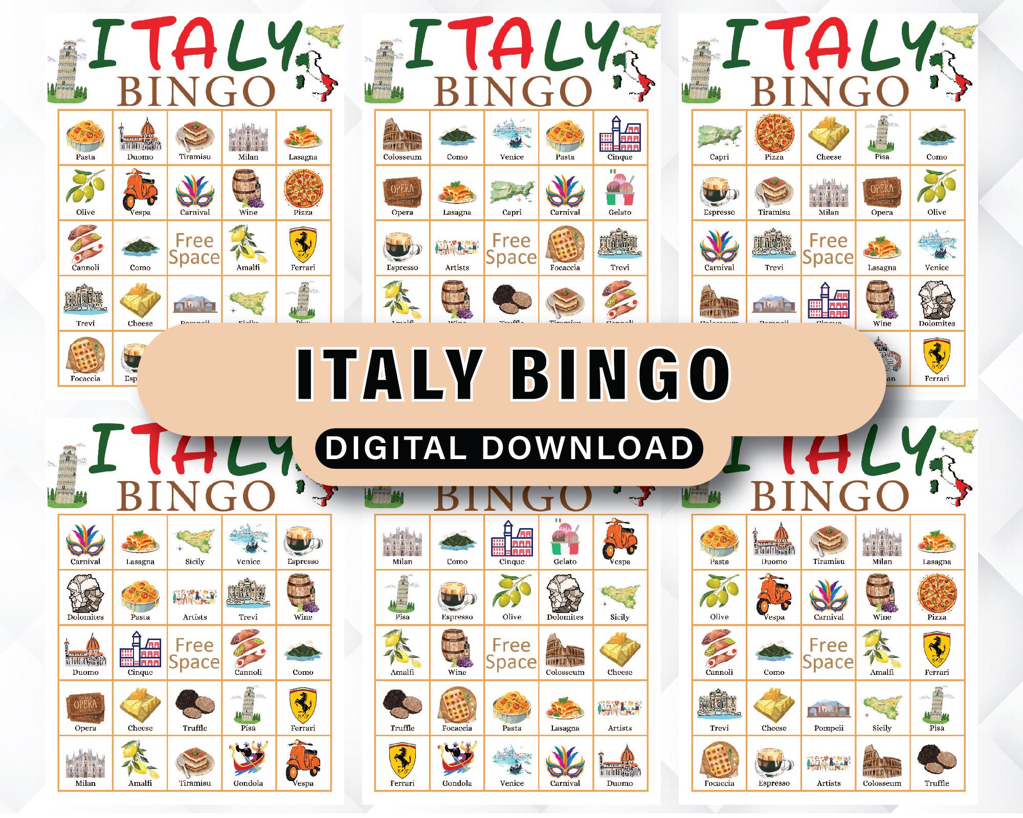60 Italy Travel Bingo Cards, Italy Trip Vacation Game, Italy Themed ...