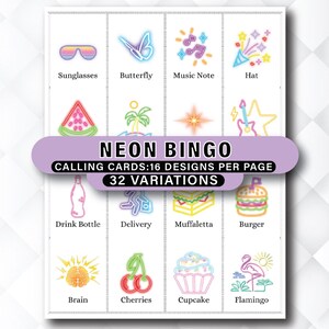 60 Neon Bingo Cards, Neon Birthday Party Game, Glow Party Game, Kids ...