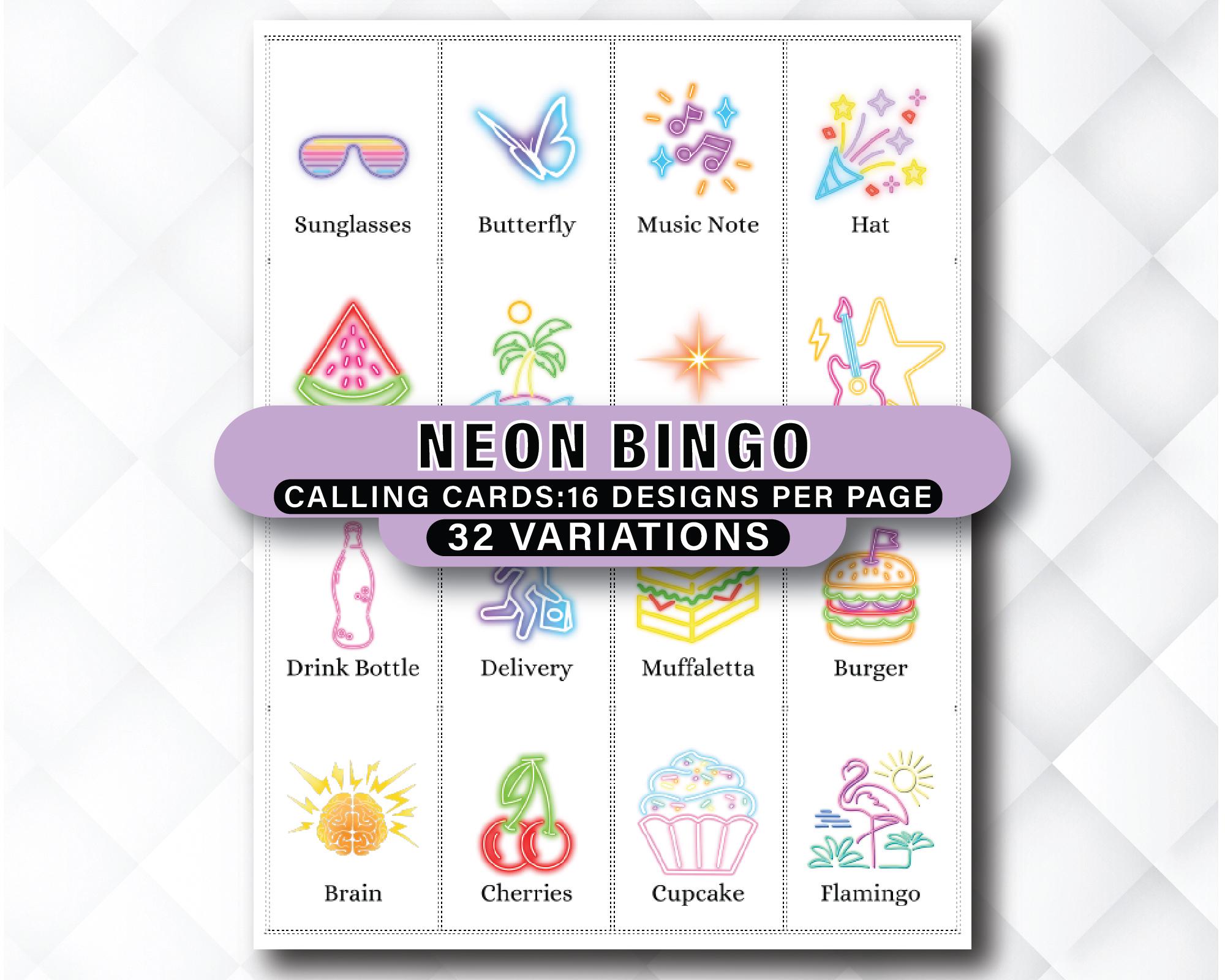 60 Neon Bingo Cards, Neon Birthday Party Game, Glow Party Game, Kids ...