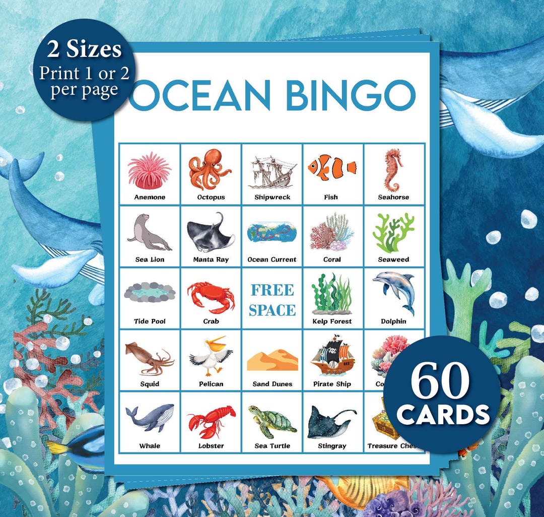 60 Printable Ocean Bingo Cards, Ocean Activity, Ocean Bingo, Under the ...