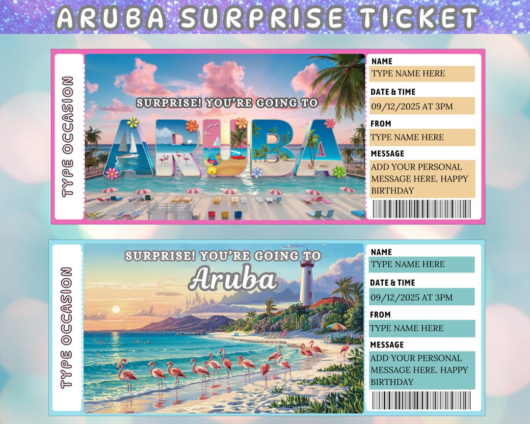 Aruba Surprise Trip Ticket, Editable Canva Template, Printable Vacation ...