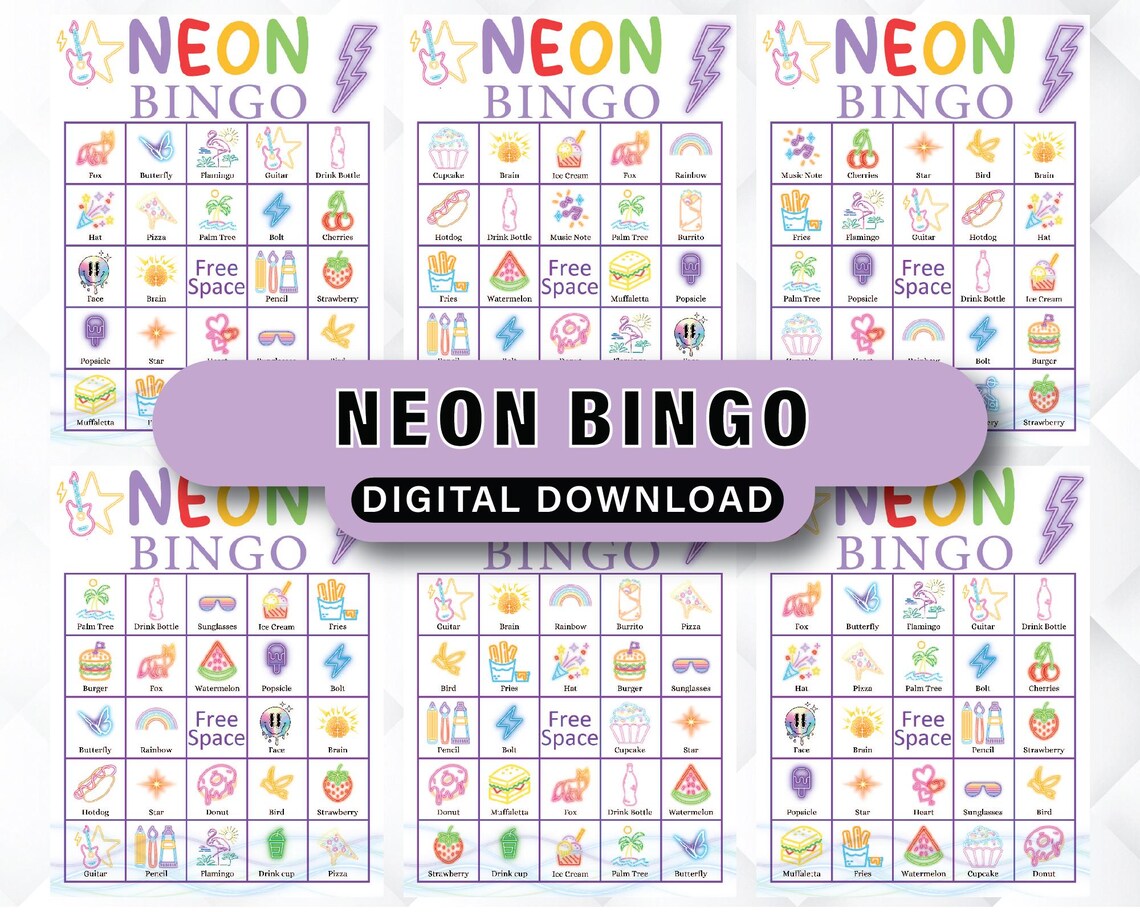 60 Neon Bingo Cards, Neon Birthday Party Game, Glow Party Game, Kids ...