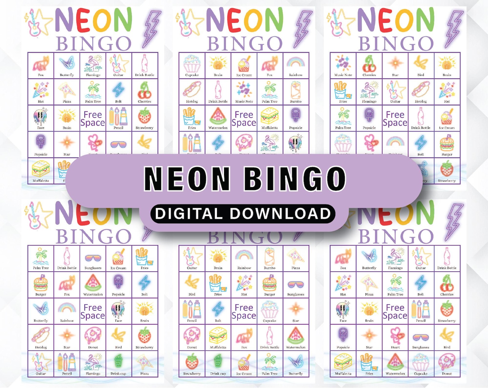 60 Neon Bingo Cards, Neon Birthday Party Game, Glow Party Game, Kids ...