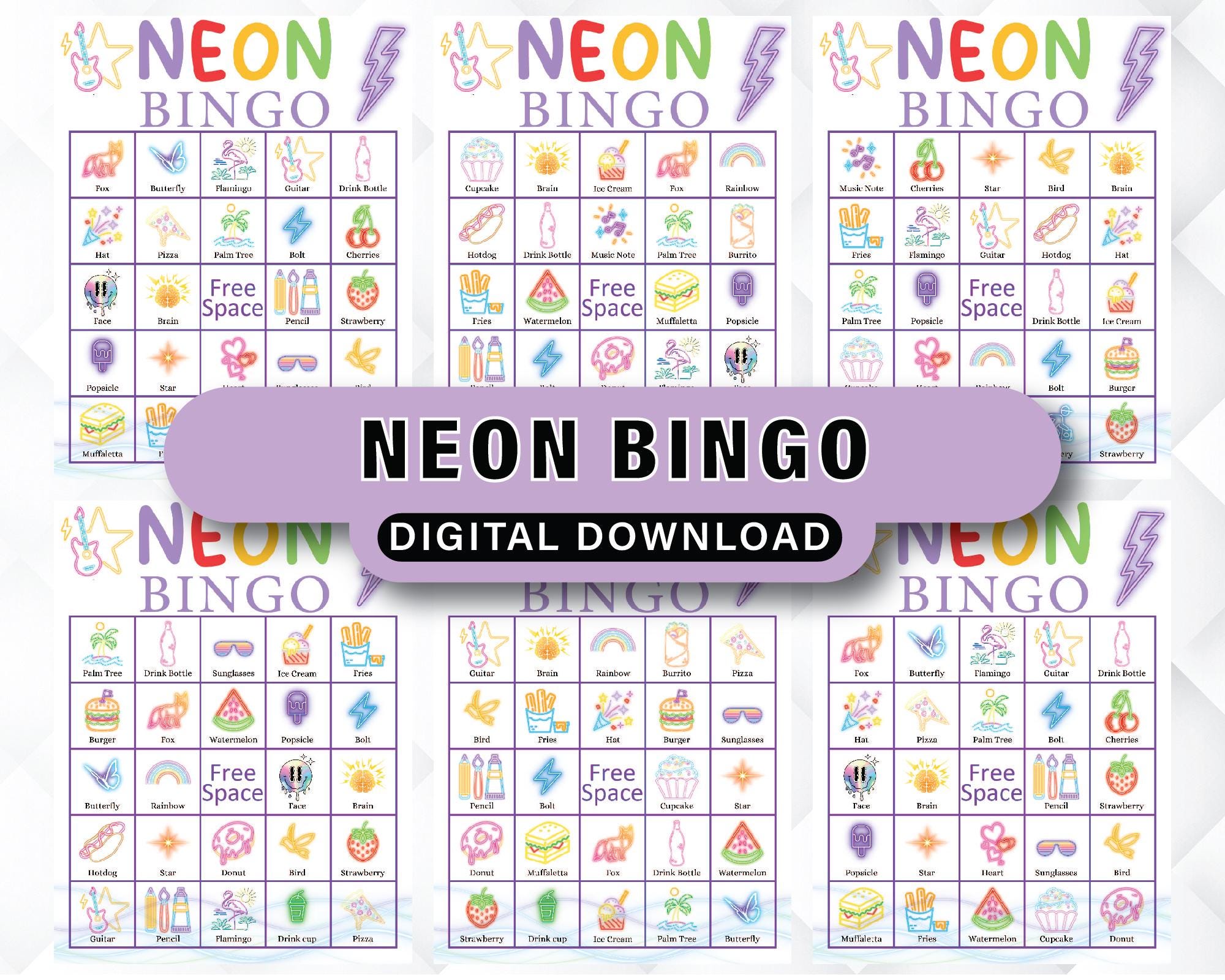 60 Neon Bingo Cards, Neon Birthday Party Game, Glow Party Game, Kids ...
