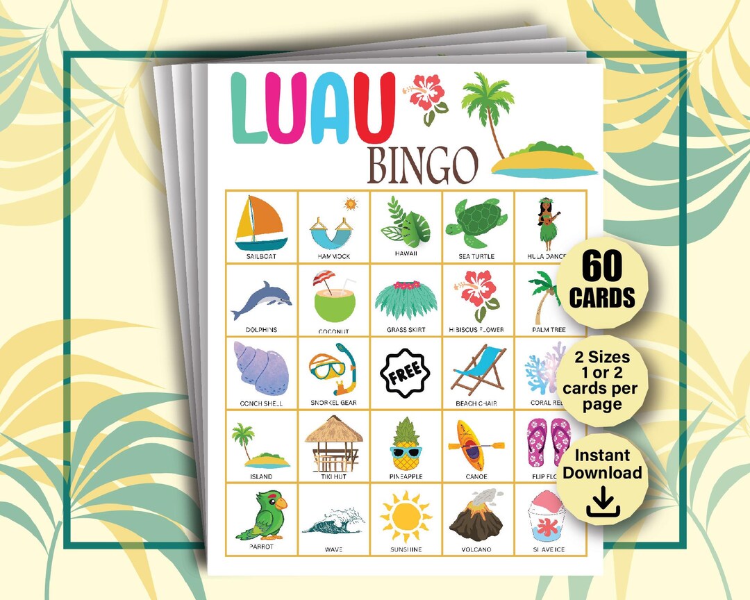 Luau Bingo Cards, LUAU Games, Hawaii Bingo Games, Aloha Bingo, Tropical ...