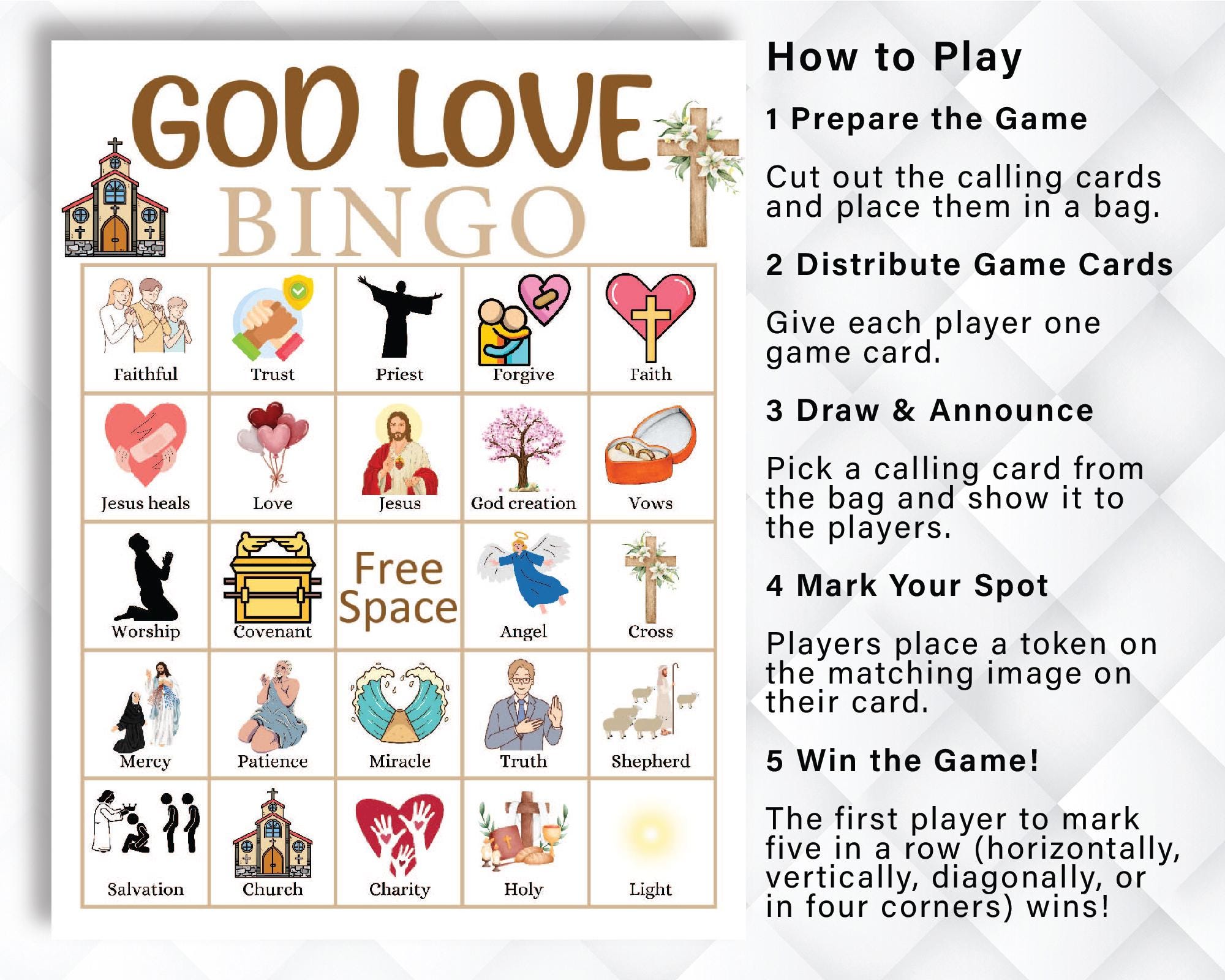 60 Gods Love Bingo Cards, Bible Bingo Card, Church Bingo Game, Bible ...