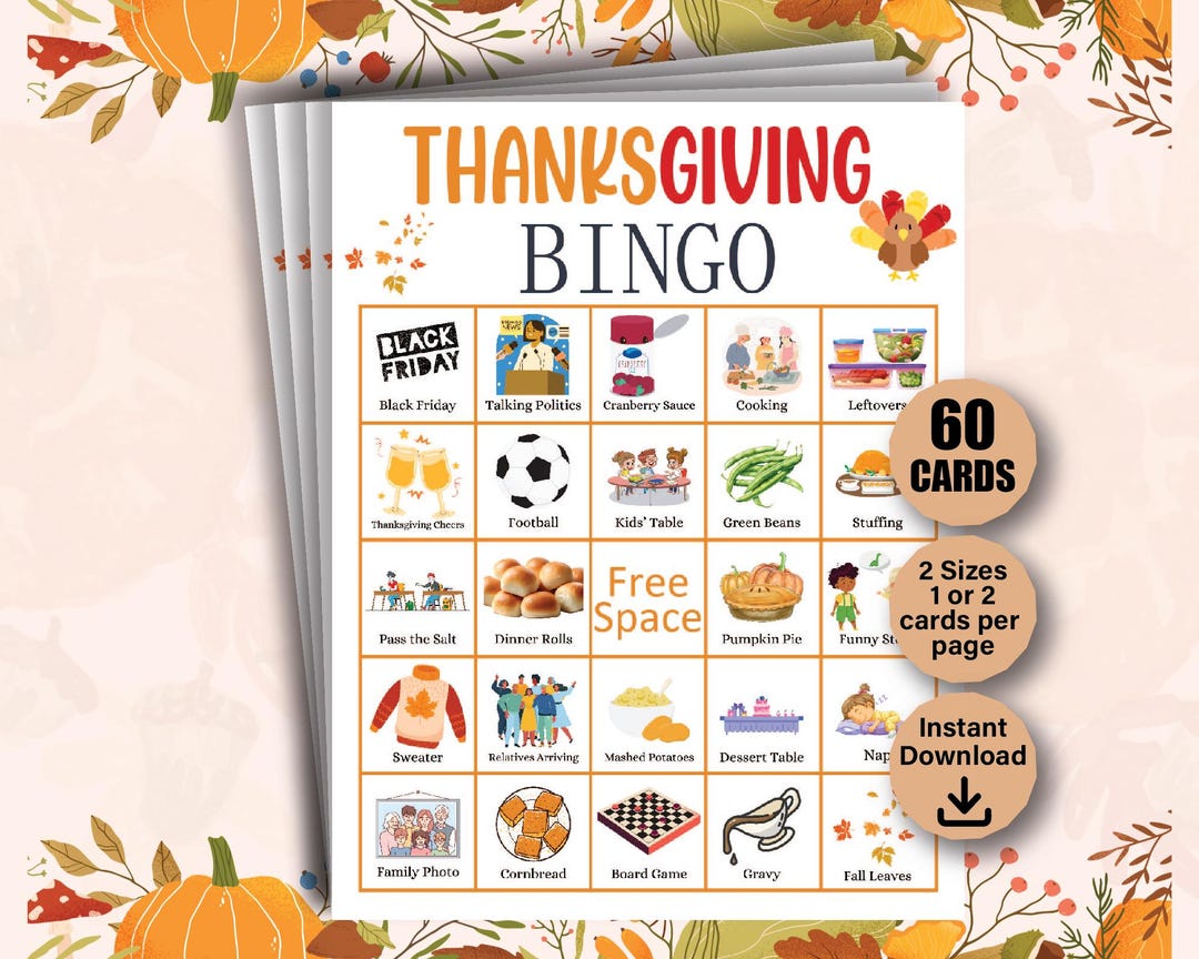 60 Thanksgiving Bingo Cards, Thanksgiving Party Kids, Fall Bingo ...