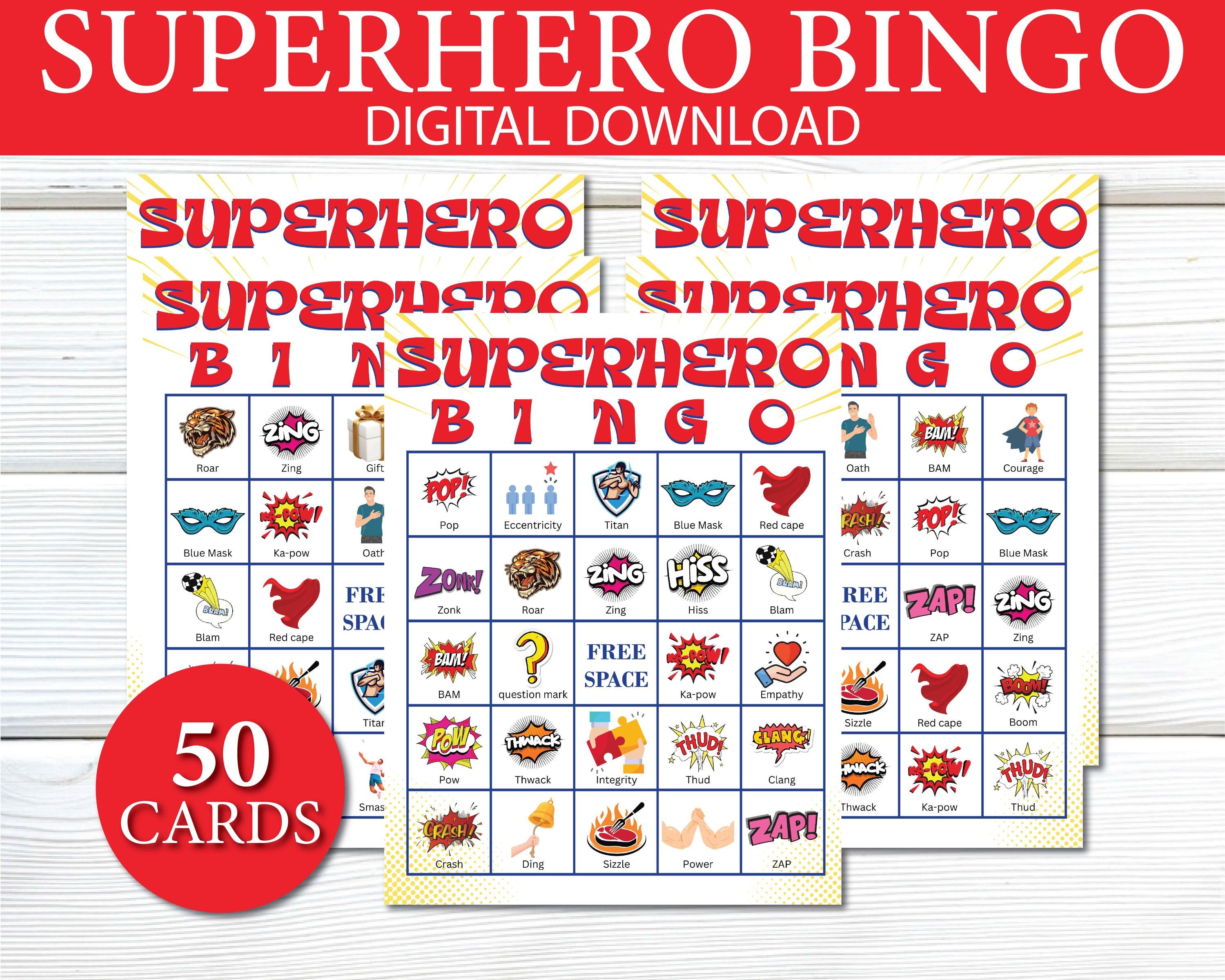 Superhero Bingo, 50 Superhero Bingo Cards, Kid's Printable Bingo Game ...
