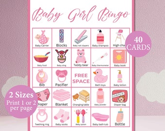 Baby Girl Bingo, 50 Baby Shower Bingo Cards, Baby Girl Shower Printable ...