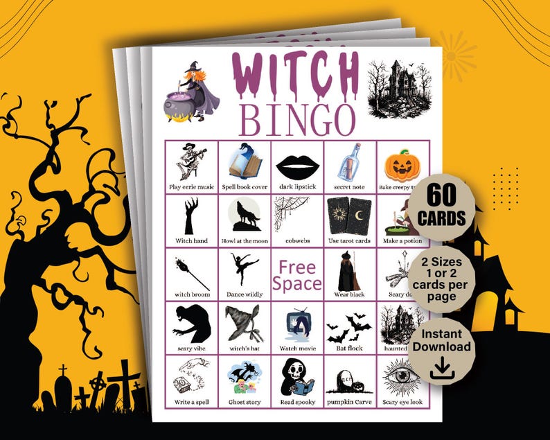 60 Witch Bingo Cards, Wicked Themed Party Game, Halloween Party Gam ...