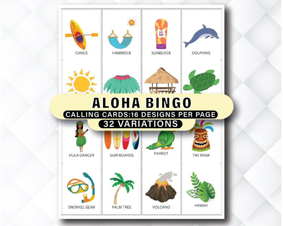 60 Aloha Bingo Cards, Luau Bingo, Hawaiian Bingo, Luau Birthday Party ...