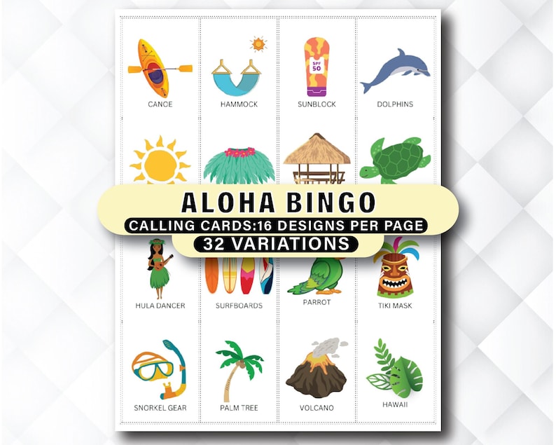 60 Aloha Bingo Cards, Luau Bingo, Hawaiian Bingo, Luau Birthday Party ...