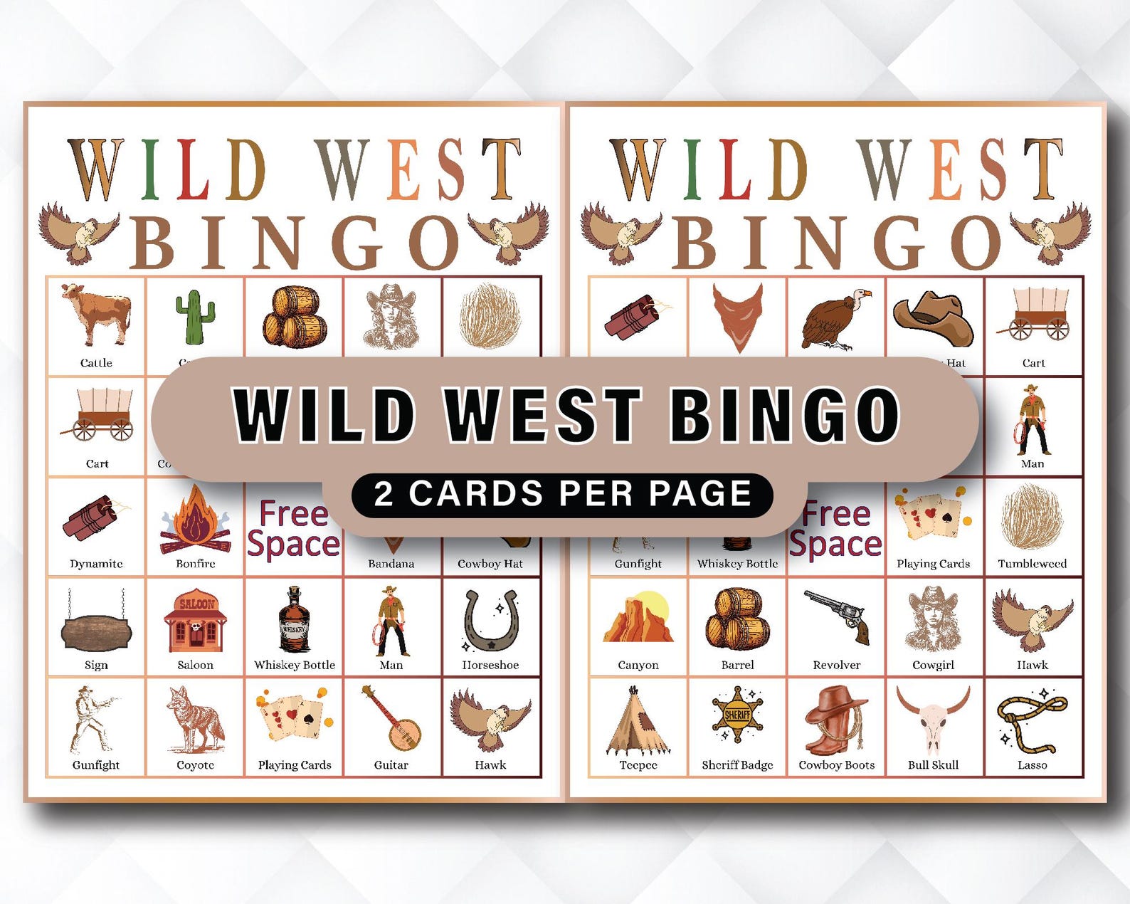 60 Wild West Bingo Cards, Bingo Games, Cowboy Bingo, Native American ...