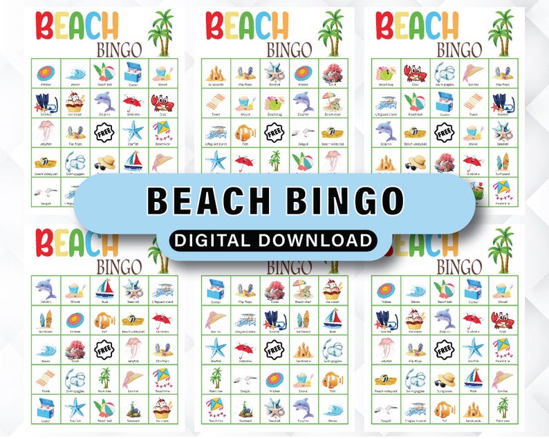 60 Beach Day Bingo Cards ,beach Party Bingo, Summer Party Game, Beach ...