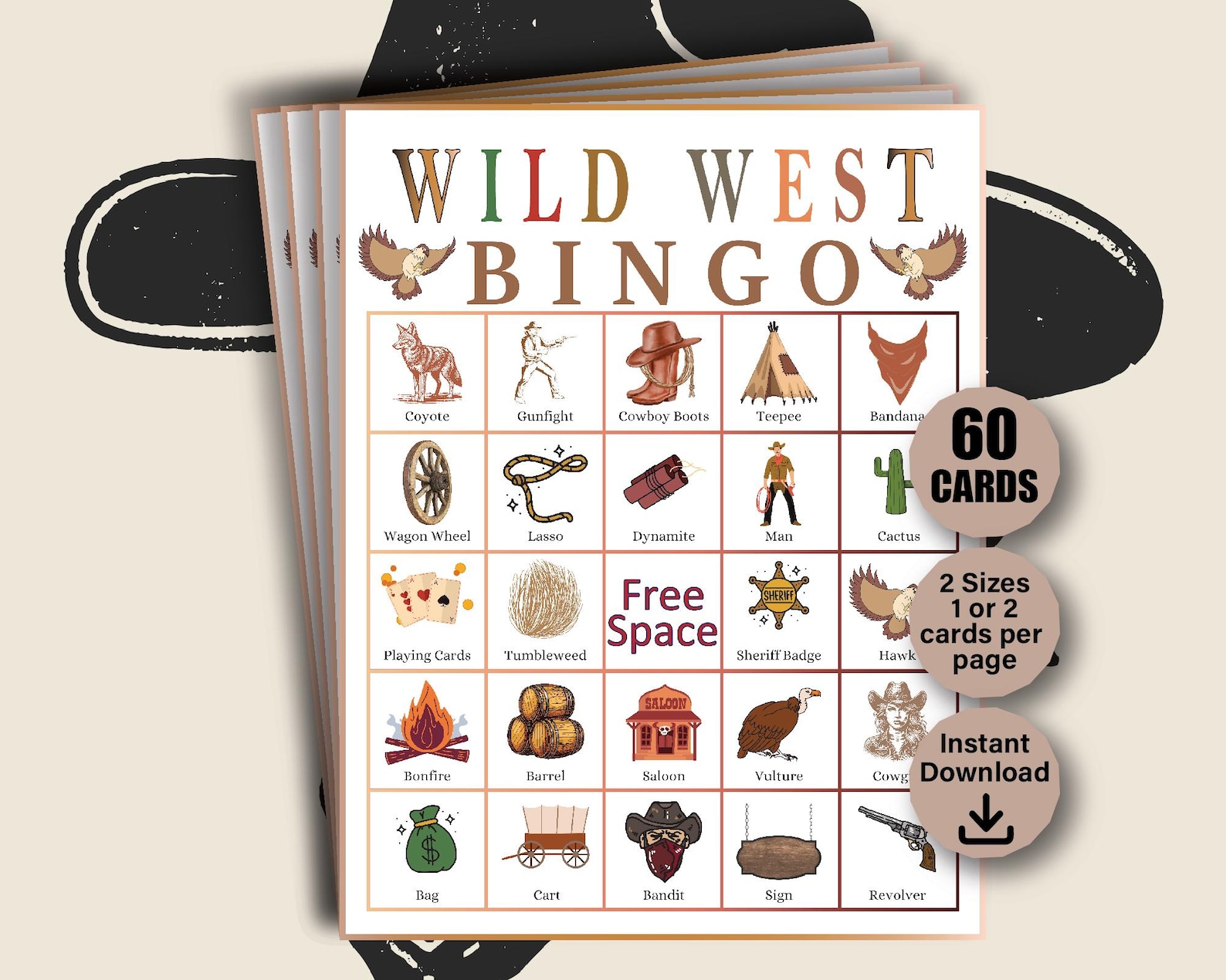 60 Wild West Bingo Cards, Bingo Games, Cowboy Bingo, Native American ...