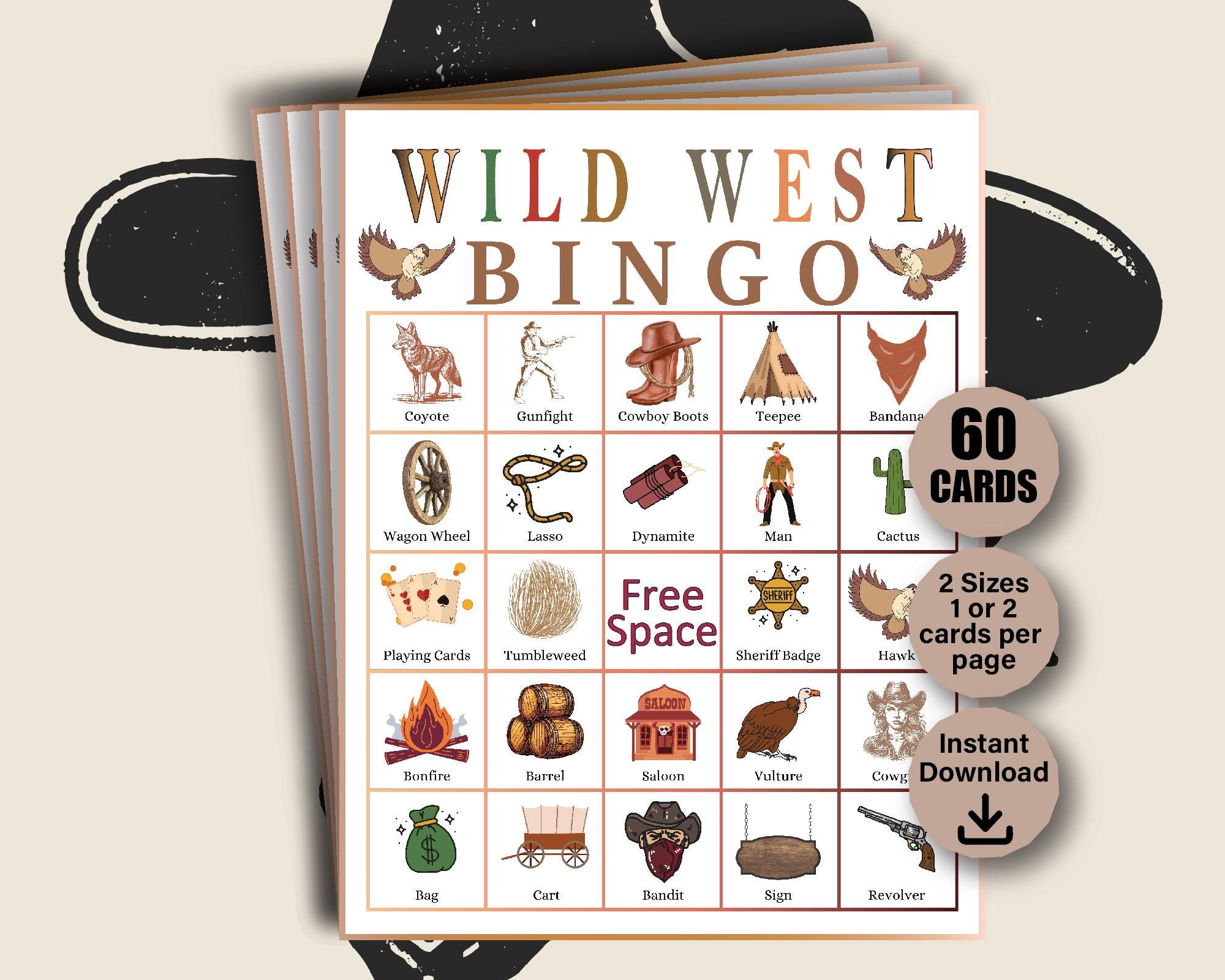 60 Wild West Bingo Cards, Bingo Games, Cowboy Bingo, Native American ...