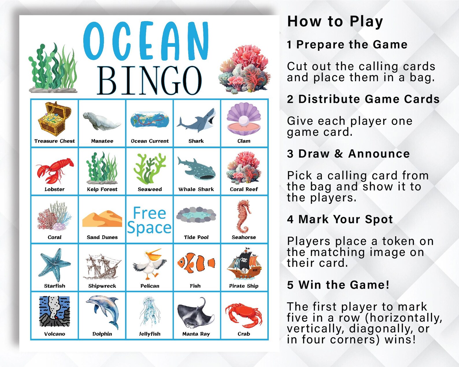 60 Ocean Bingo Cards, Ocean Bingo Activity, Under the Sea Bingo Cards ...